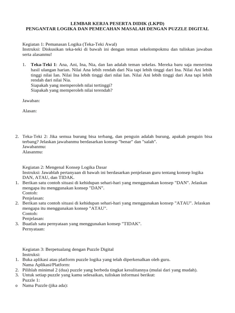 LKPD Logika dan Puzzle Digital | PDF