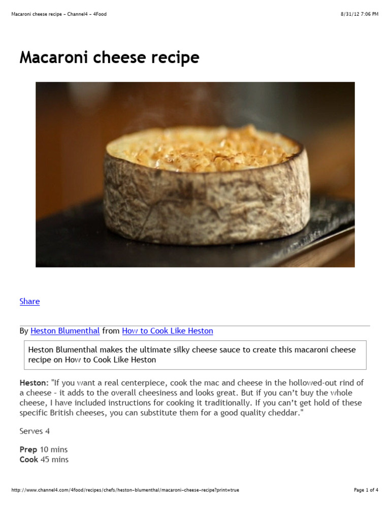 Macaroni Cheese Recipe - Heston | PDF | Pasta | Macaroni And Cheese