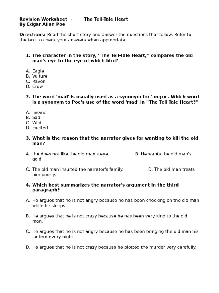 Tell-Tale Heart Revision Worksheet | PDF