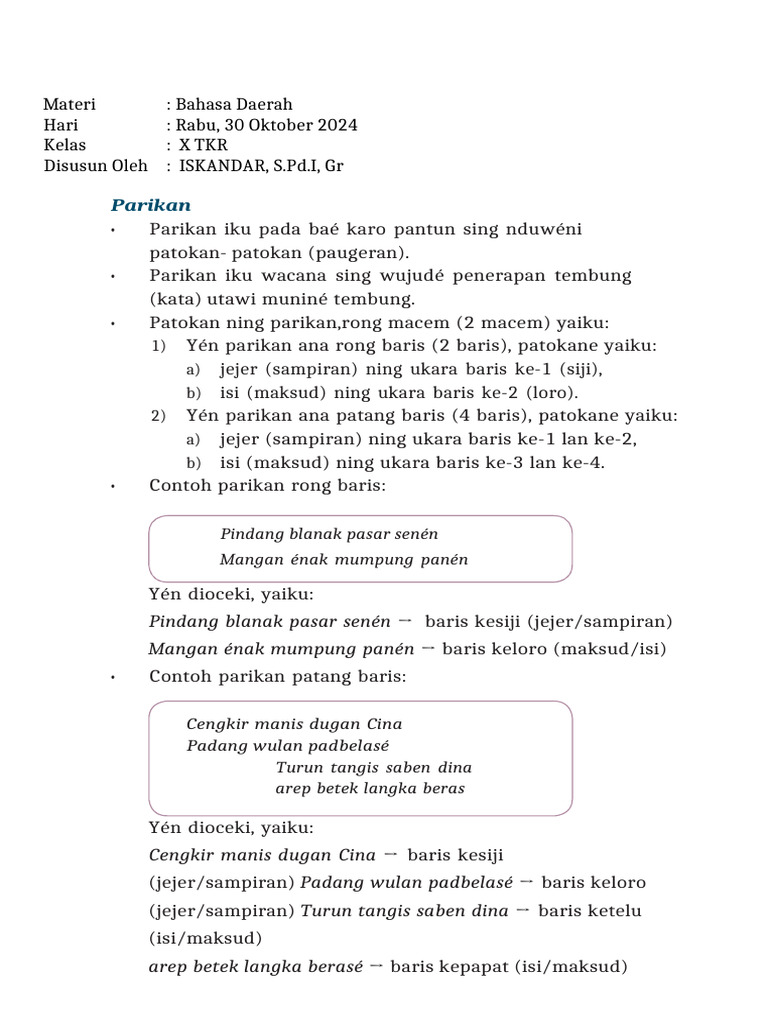 Tugas Bahasa Daerah X TKR | PDF