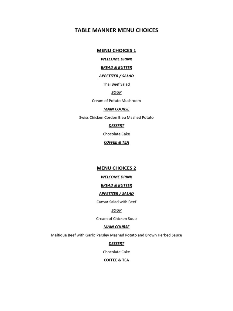 Table Manner Menu Choices | PDF