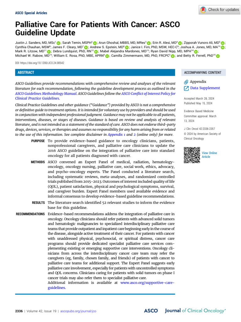 1 Palliative Care For Patients With Cancer ASCO Guideline Update | PDF | Palliative Care | Oncology