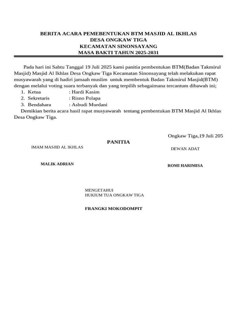 Berita Acara Pemebentukan Btm Masjid Al Ikhl | PDF