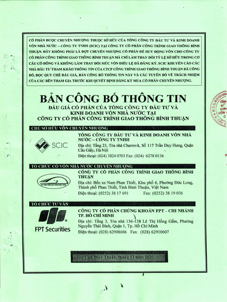 Ban Cong Bo Thong Tin CTCP Cong Trinh Giao Thong Binh Thuan | PDF