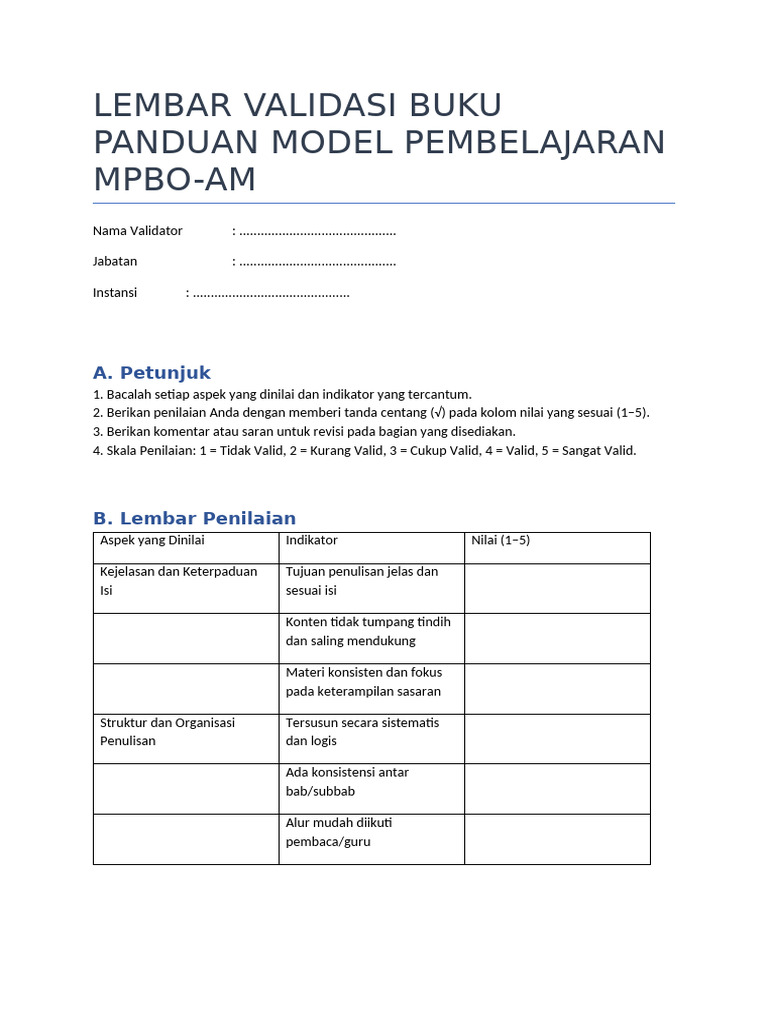 Lembar Validasi Model Pembelajaran MPBO | PDF