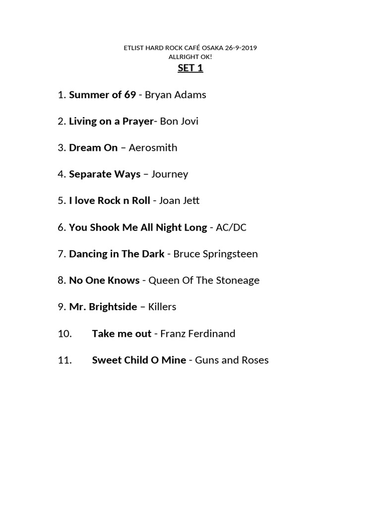 Setlist Hard Rock Café Osaka 26 | PDF