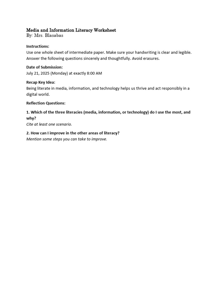 Media and Information Literacy Worksheet | PDF