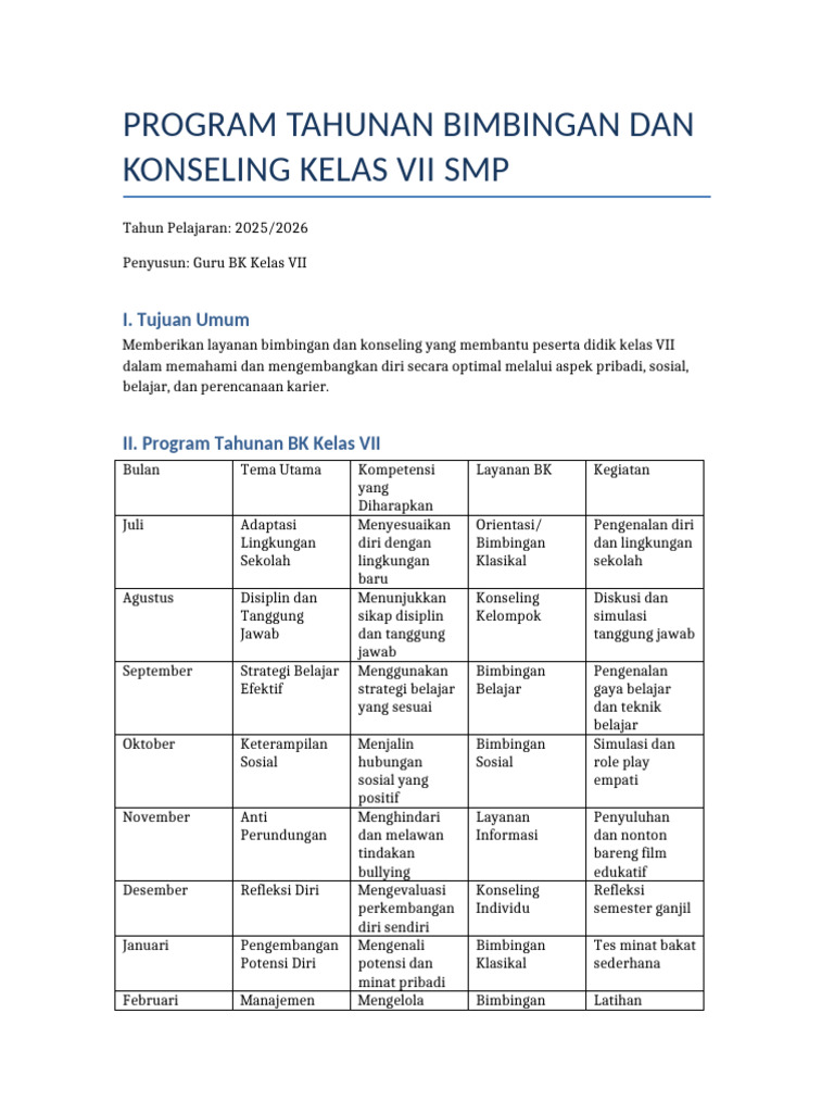 Program Tahunan BK Kelas7 SMP 2025-2026 | PDF
