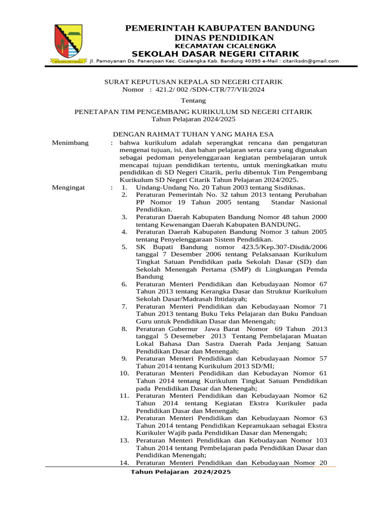 Tim Pengembang Kurikulum SD Citarik 2024 | PDF