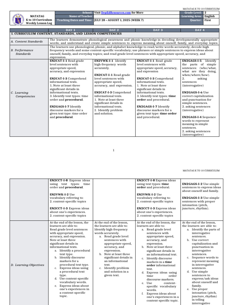 DLL Matatag English 2 q1 w7 | PDF | Learning | Human Communication