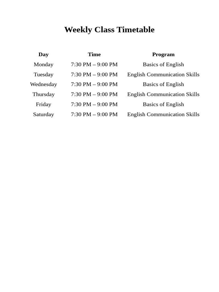 Weekly English Class Schedule | PDF