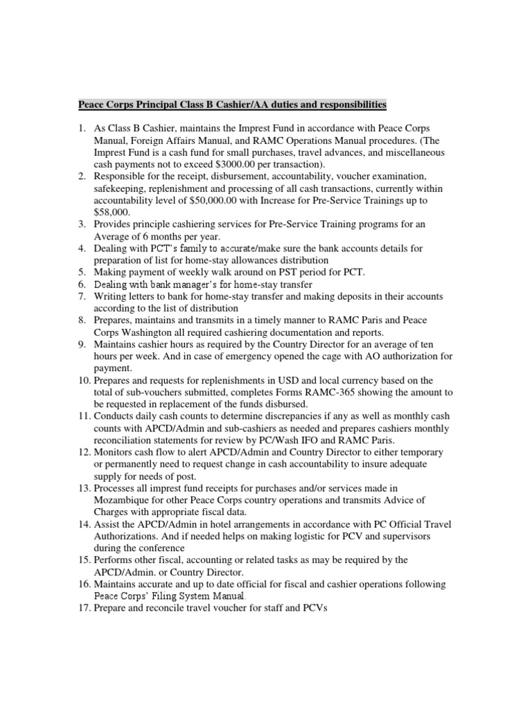 Peace Corps Principal Class B Cashier/AA Duties and Responsibilities ...