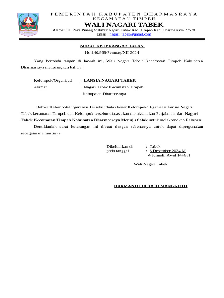 Surat Keterangan Perjalanan Lansia Tabek | PDF