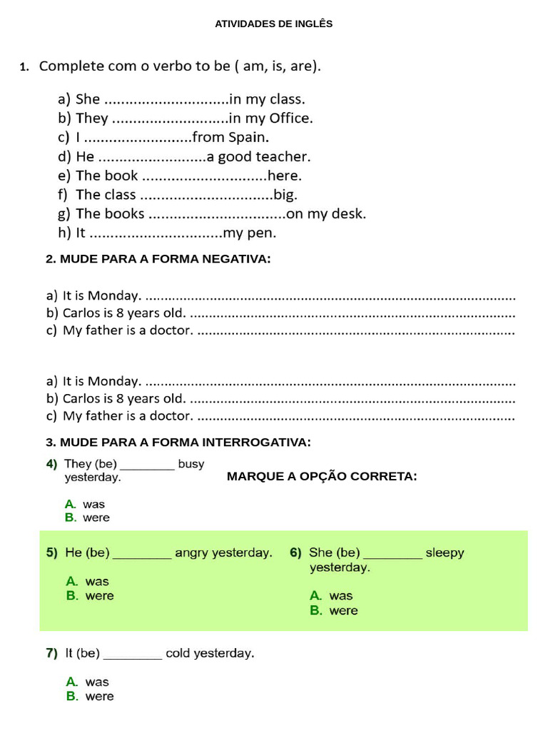 Atividade de Ingles Verb To Be | PDF