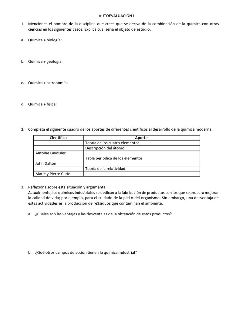 Autoevaluación I Quimica | PDF