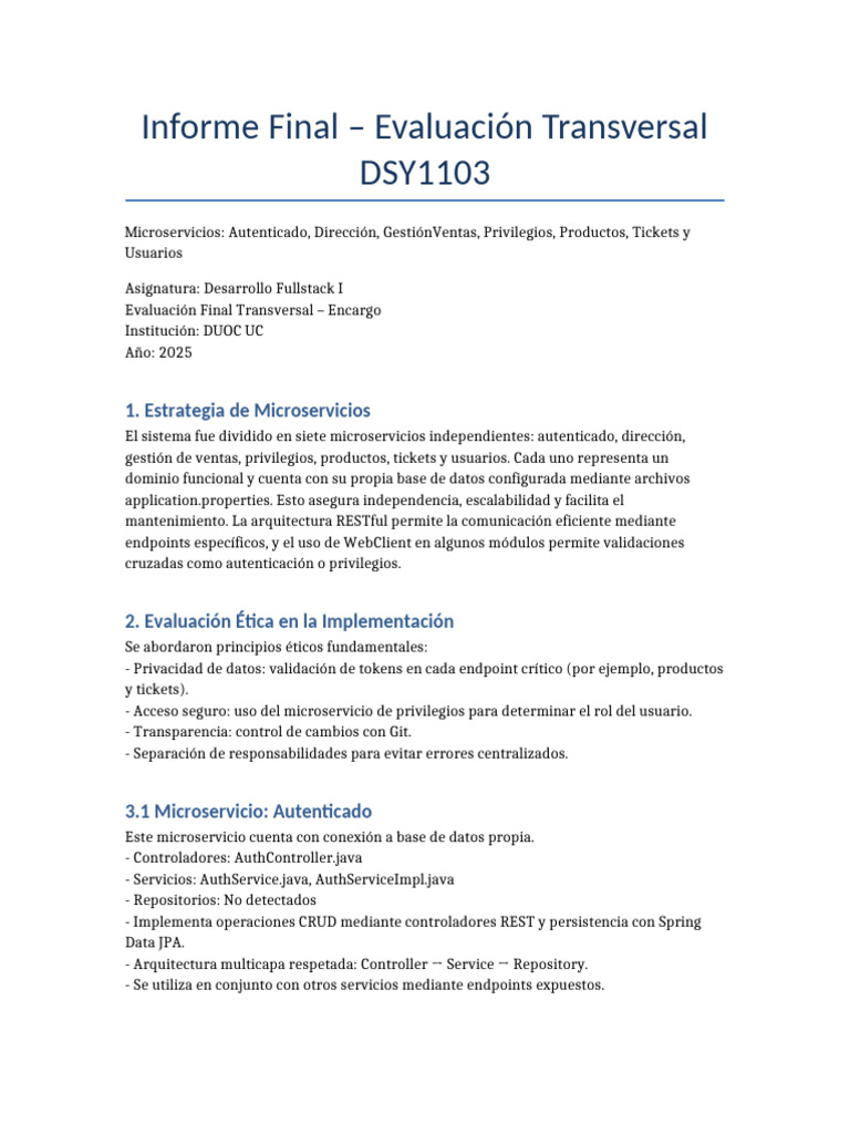 Informe Extendido DSY1103 Microservicios | PDF | Java (lenguaje de programación) | Autenticación
