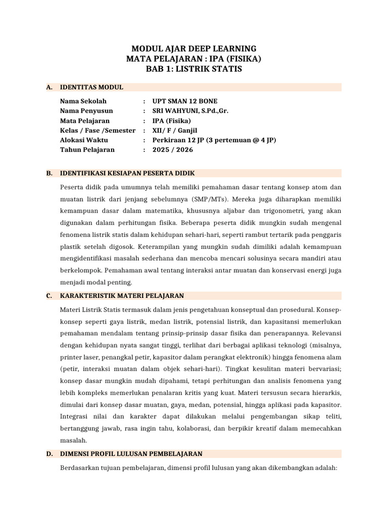 Modul Ajar Listrik Statis Kelas XII | PDF