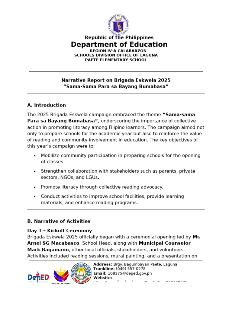 Narrative Report On Brigada Eskwela 2025 | PDF | Learning