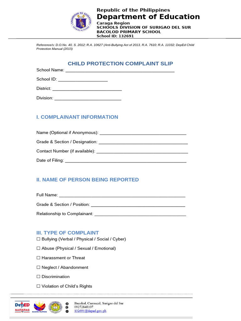 Child Protection Complaint Slip Form | PDF | Bullying | Social Ethics