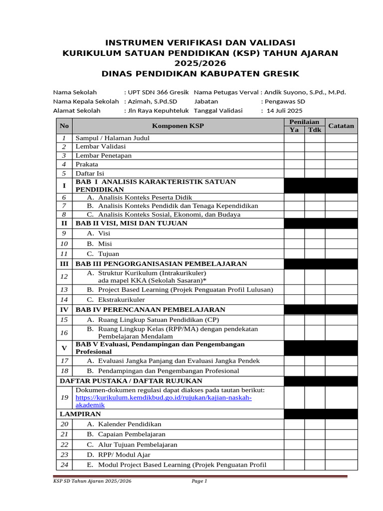 Instrumen Verifikasi Dan Validasi KSP SD 2025_2026 REVISI | PDF