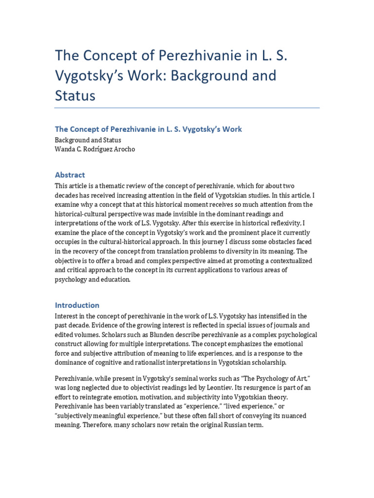 Summary of The Concept of Perezhivanie in L. S. Vygotsky's Work ...