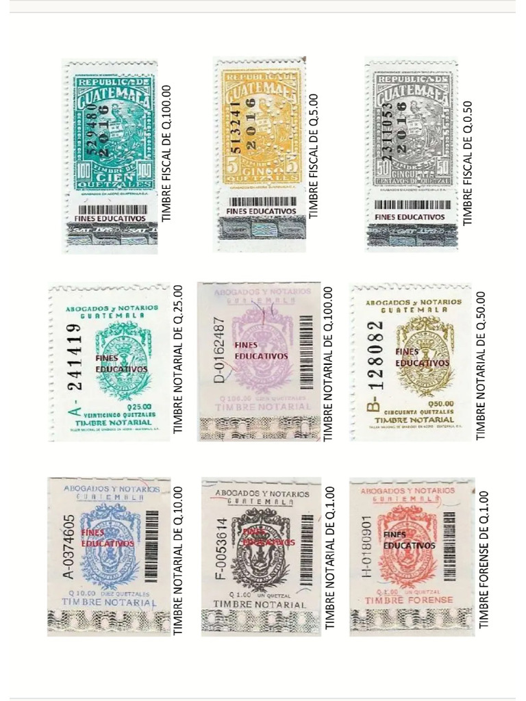 Timbres Notariales, Timbres Fiscales y Sus Valores y Colores. | PDF