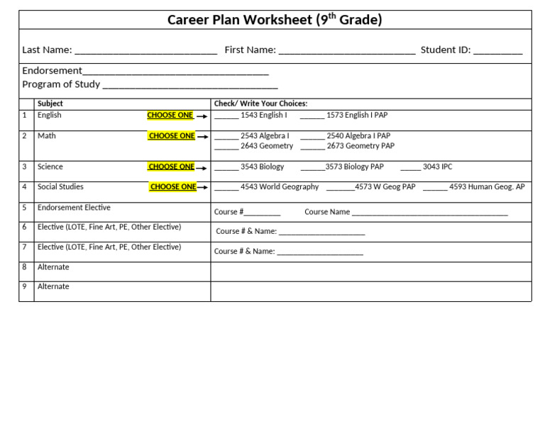 9th Grade Career Plan Worksheet | PDF