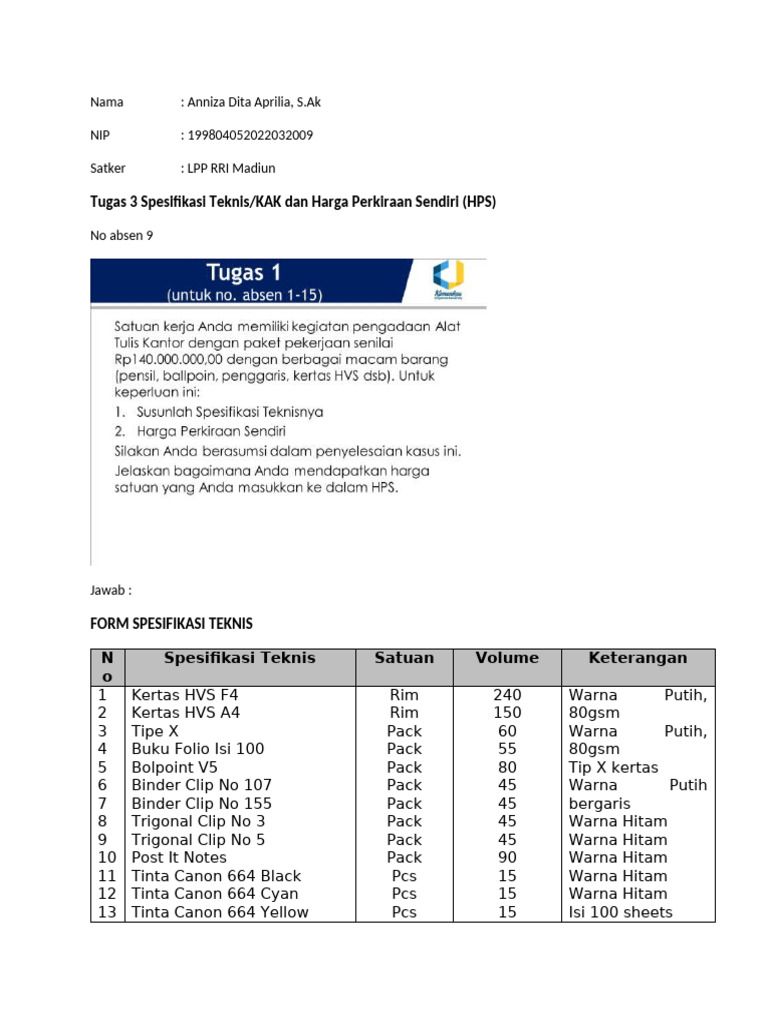 Spesifikasi Teknis dan HPS LPP RRI Madiun | PDF