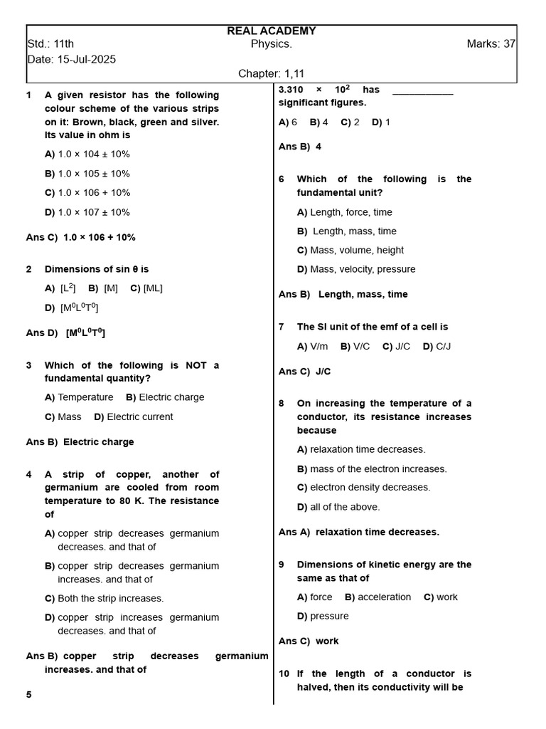 Physics Answer Key PDF | PDF | Electric Current | Voltage
