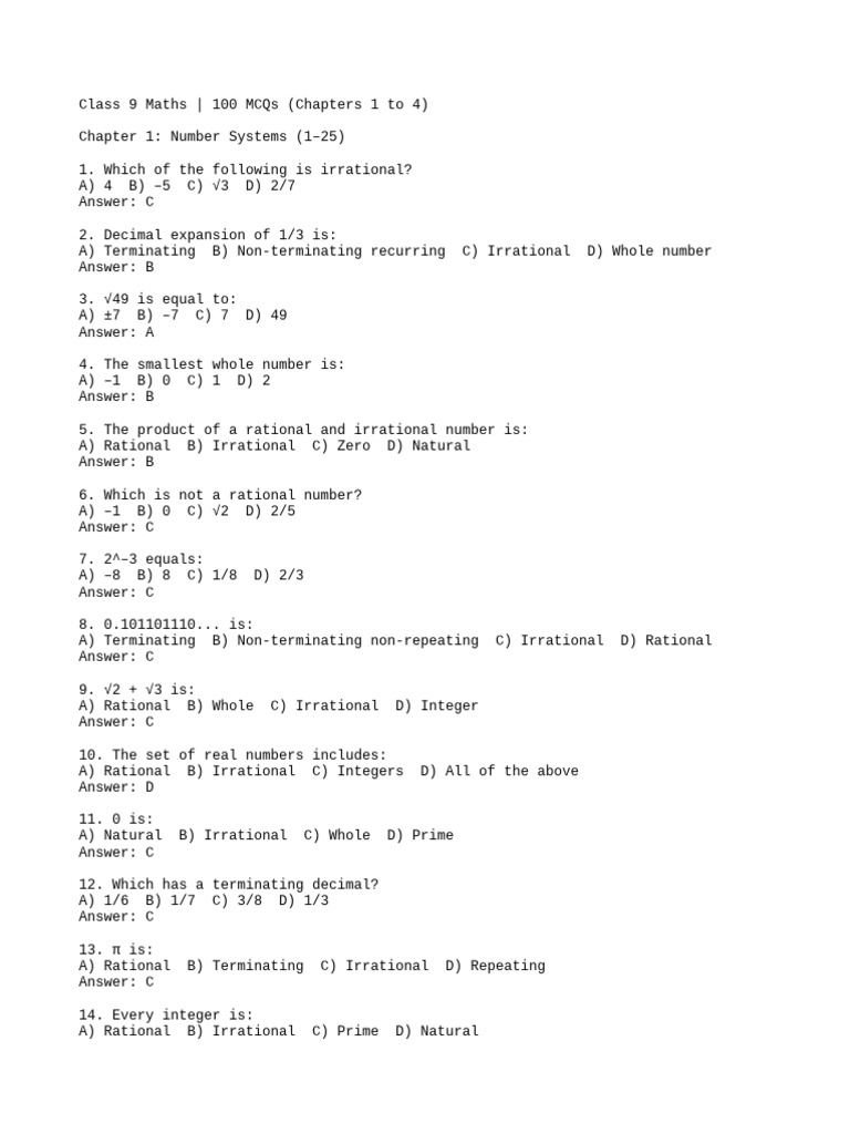 Class 9 Maths: 100 MCQs with Answers | PDF | Cartesian Coordinate ...