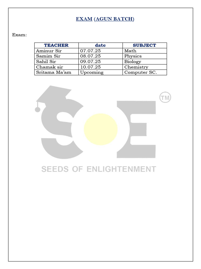 Upcoming Exam Schedule for Agun Batch | PDF