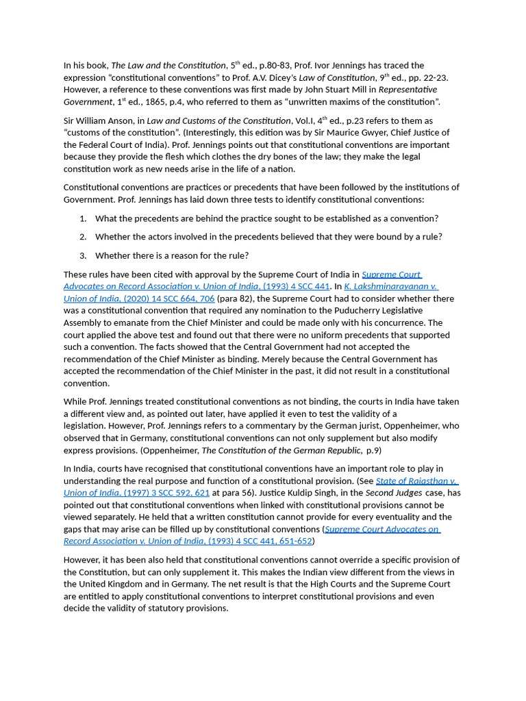 Constitutional Conventions | PDF | Supreme Court Of India | Supreme ...