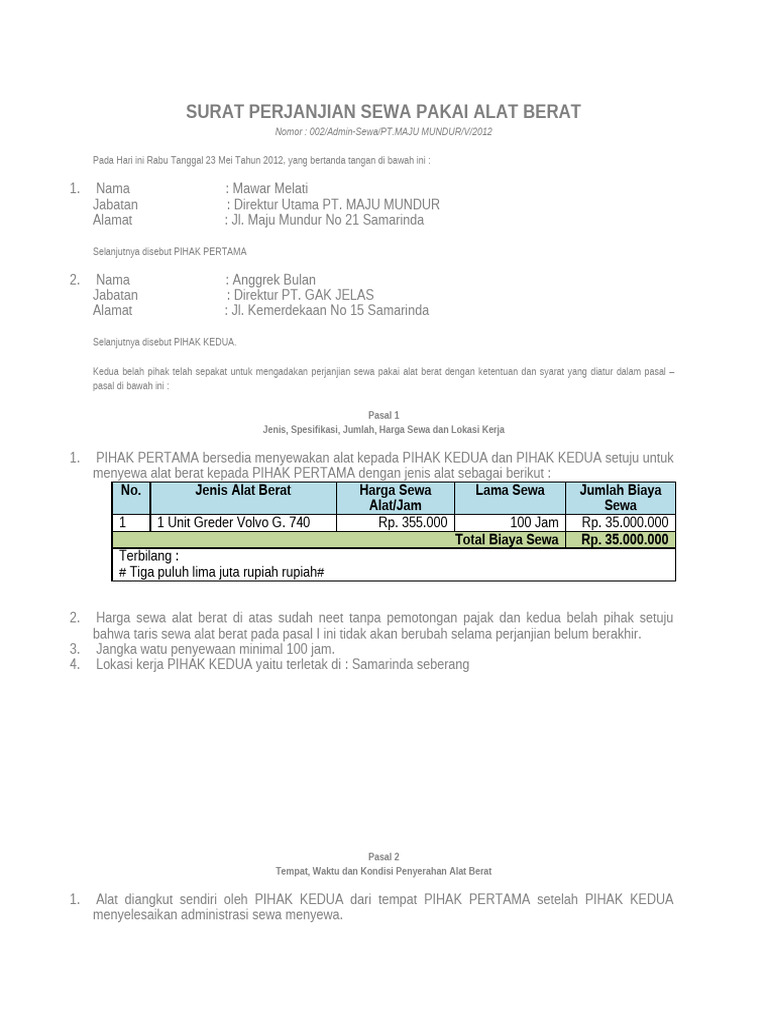 Surat Perjanjian Sewa Alat Berat | PDF