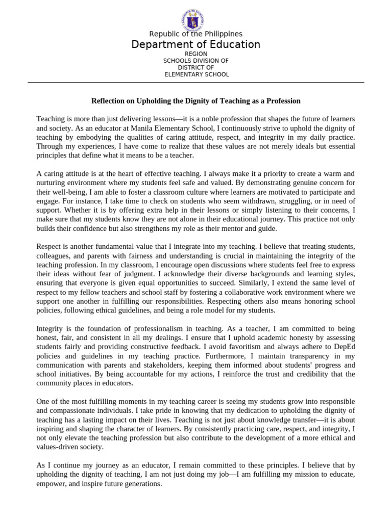 Reflection Journal Entry Pdf Teachers Learning