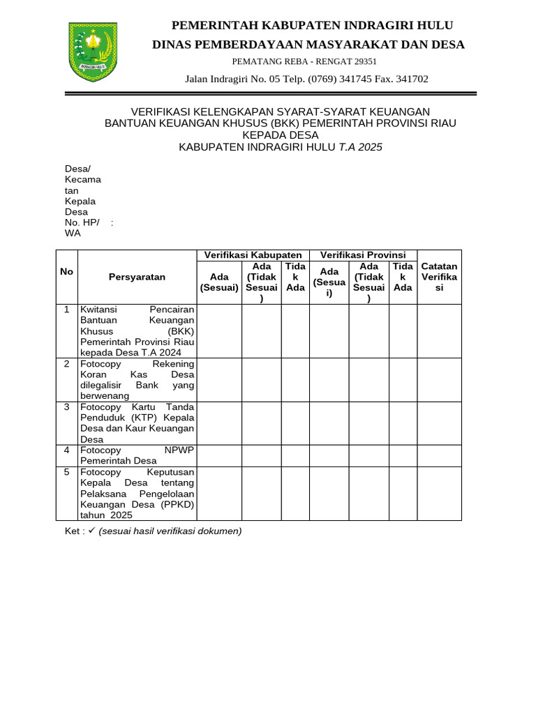 Form. Verifikasi Kelengkapan Syarat BKK 2024 Oleh Kabupaten | PDF
