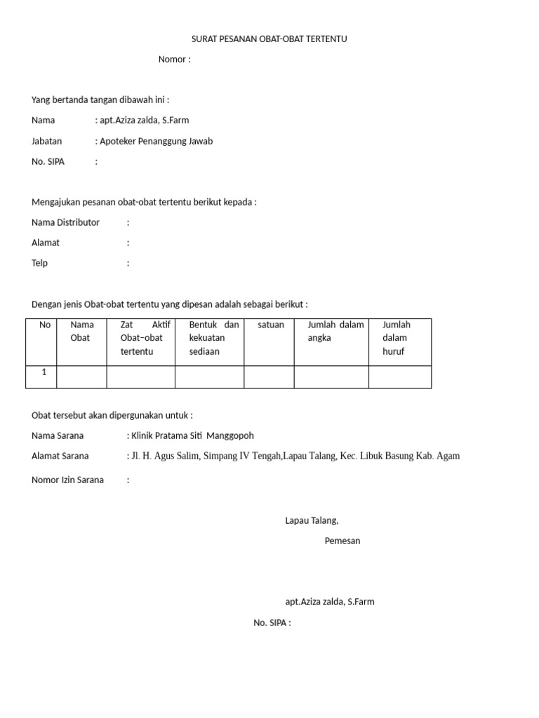 Format Surat Pesanan Obat Apotek | PDF