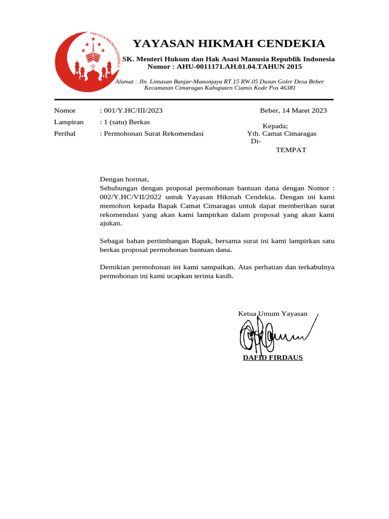 Permohonan Rekomendasi Camat | PDF