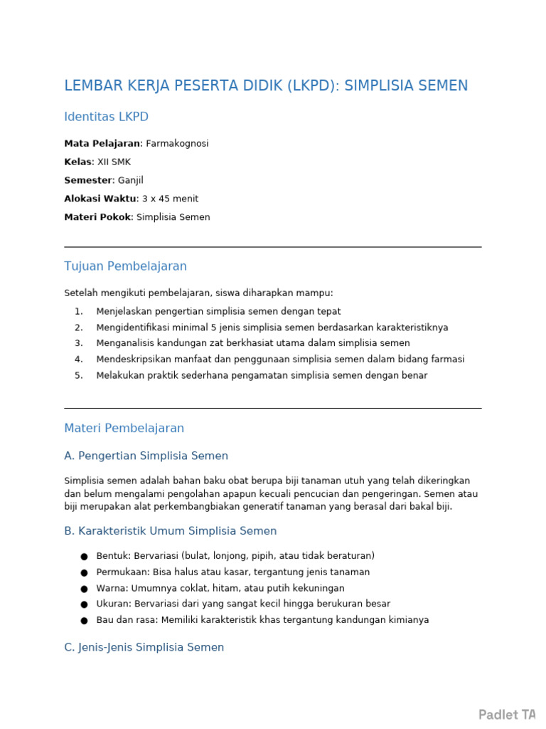 Lembar Kerja Peserta Didik (LKPD) - Simplisia Semen | PDF