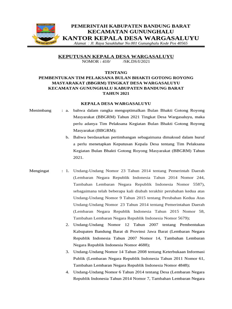 SK Tim Pelaksana BBGRM Desa 2021 | PDF