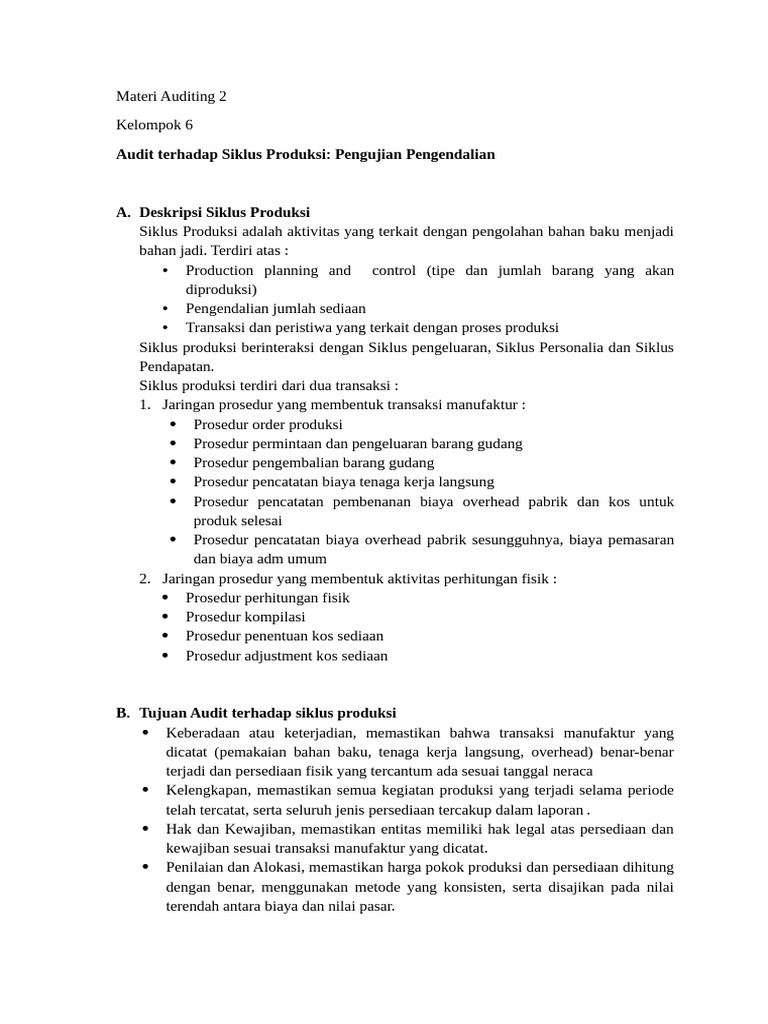 Kel 6 Audit Terhadap Siklus Produksi Pengujian Pengendalian | PDF