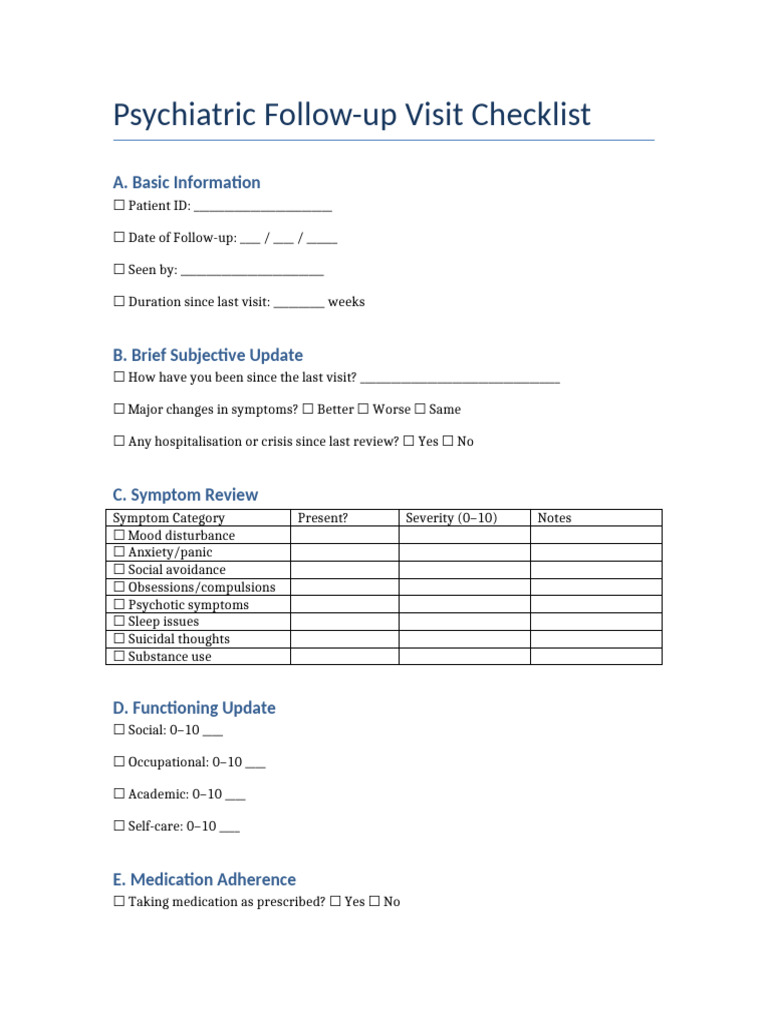 Psychiatric Followup Checklist | PDF | Obsessive–Compulsive Disorder ...
