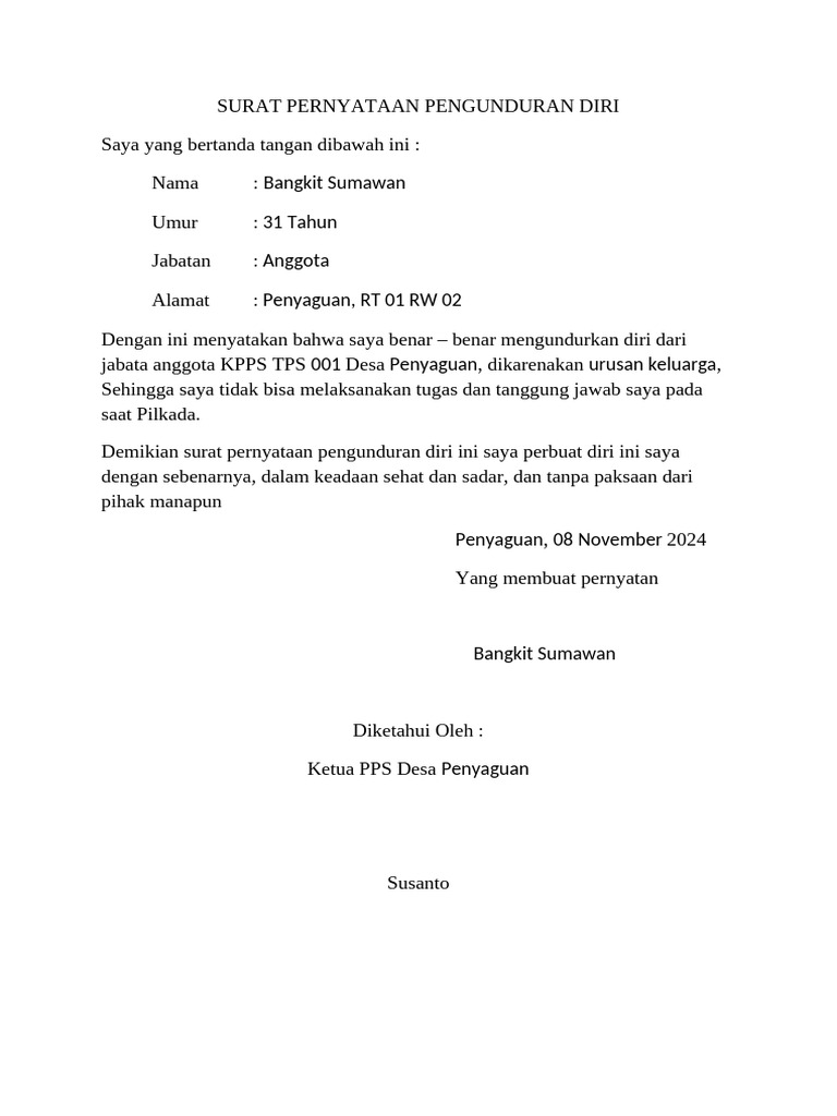 Surat Pernyataan Pengunduran Diri Kpps | PDF