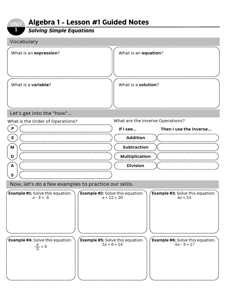 Black and White Simple Math Solving Equations Notes Worksheet | PDF