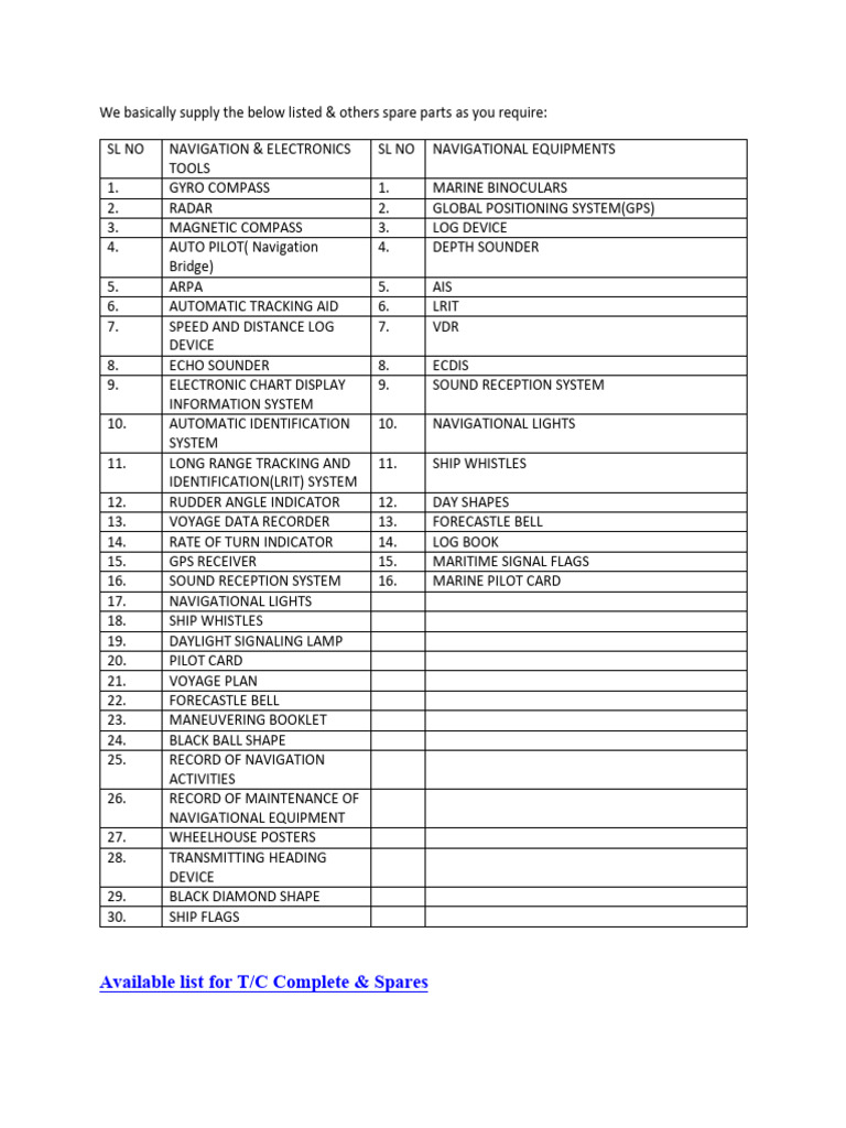 Ship Spare Parts and Equipment List | PDF | Piston | Navigation