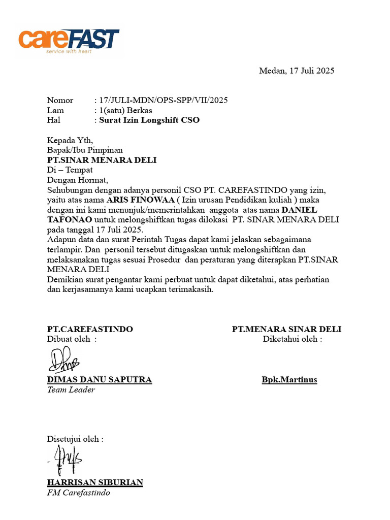 SPL Atas Nama Daniel Backup Aris Tanggal 17 Juli 2025 | PDF
