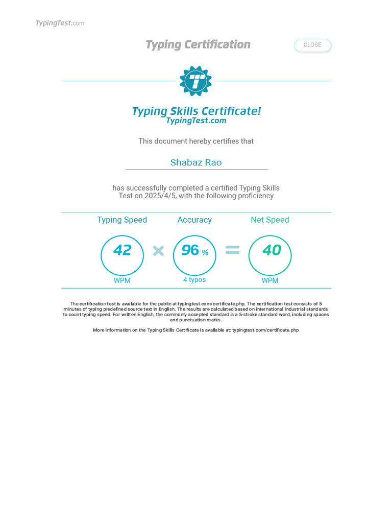 Typing Skills Certification for Shabaz Rao | PDF