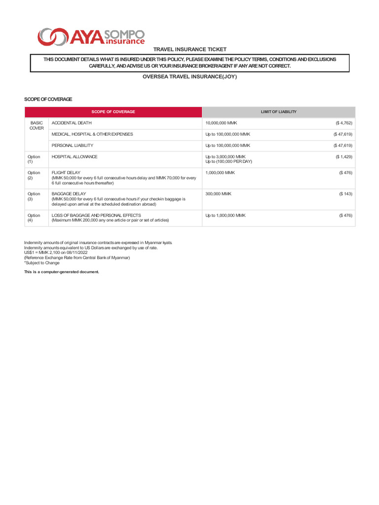 Aya Travel Insurance Coverage Details | PDF