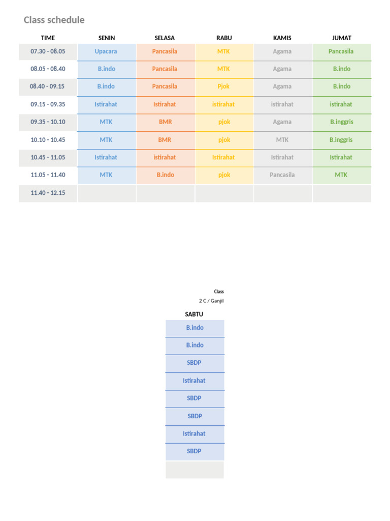 Jadwal Pelajaran 2C | PDF