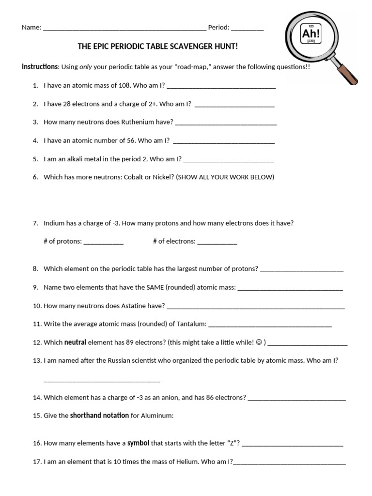 Epic Periodic Table Scavenger Hunt | PDF | Chemical Elements | Periodic ...