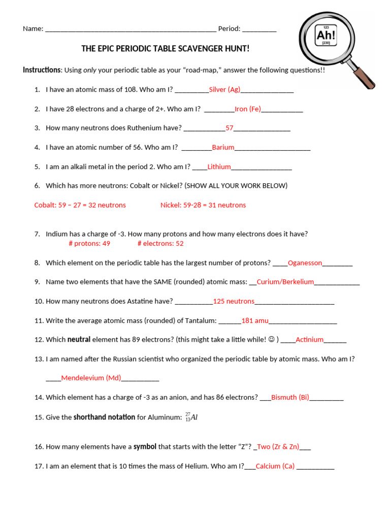 Periodic Table Scavenger Hunt KEY | PDF | Chemical Elements | Periodic ...